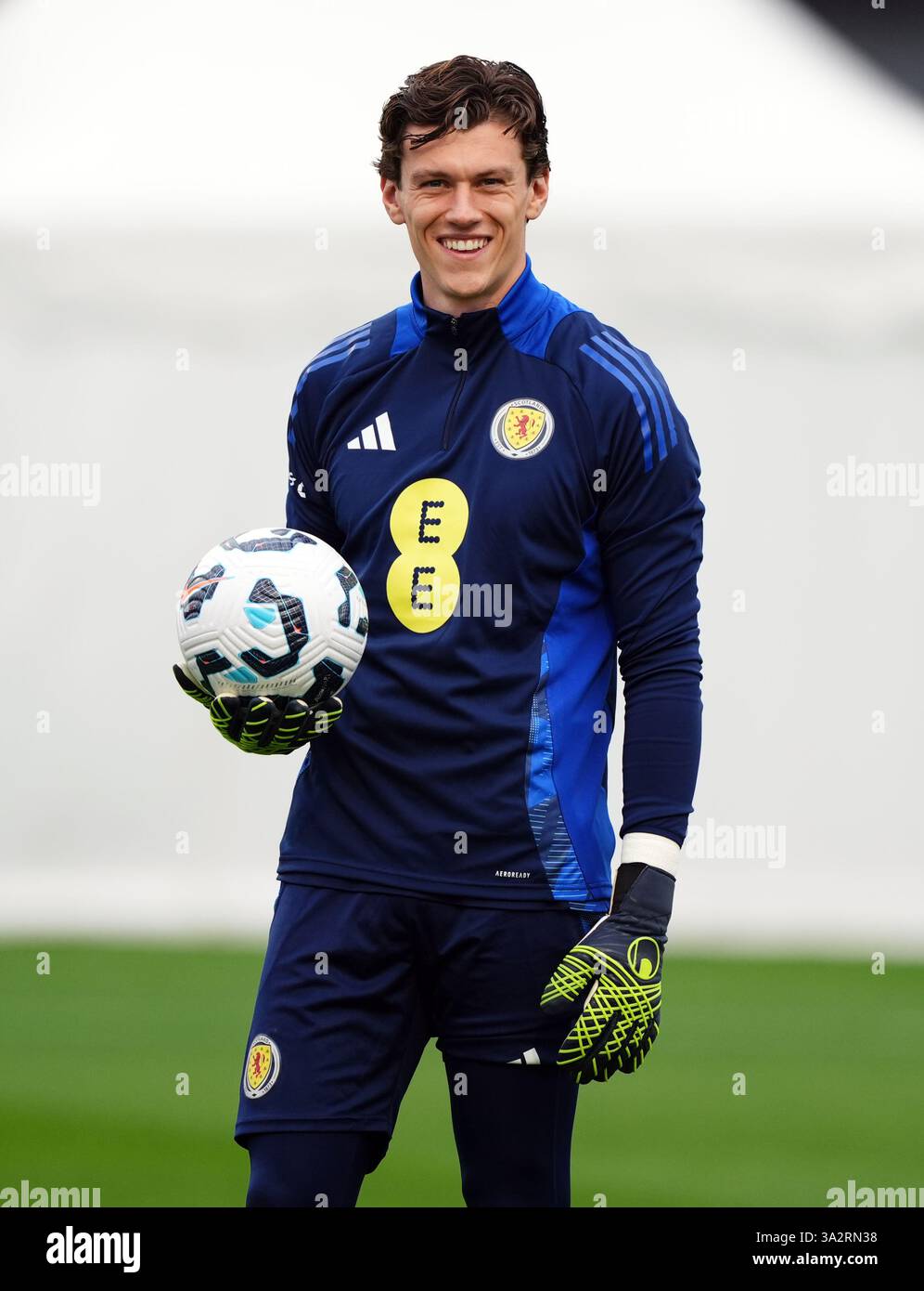 Scotland goalkeeper Jon McCracken during a training session at Lesser ...