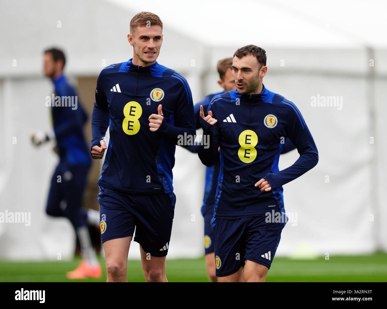 Scotland's Liam Lindsay (left) and Andy Irving during a training ...