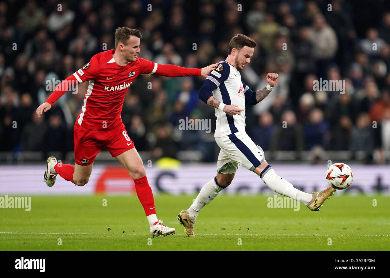 AZ Alkmaar's Peer Koopmeiners (left) and Tottenham Hotspur's James ...
