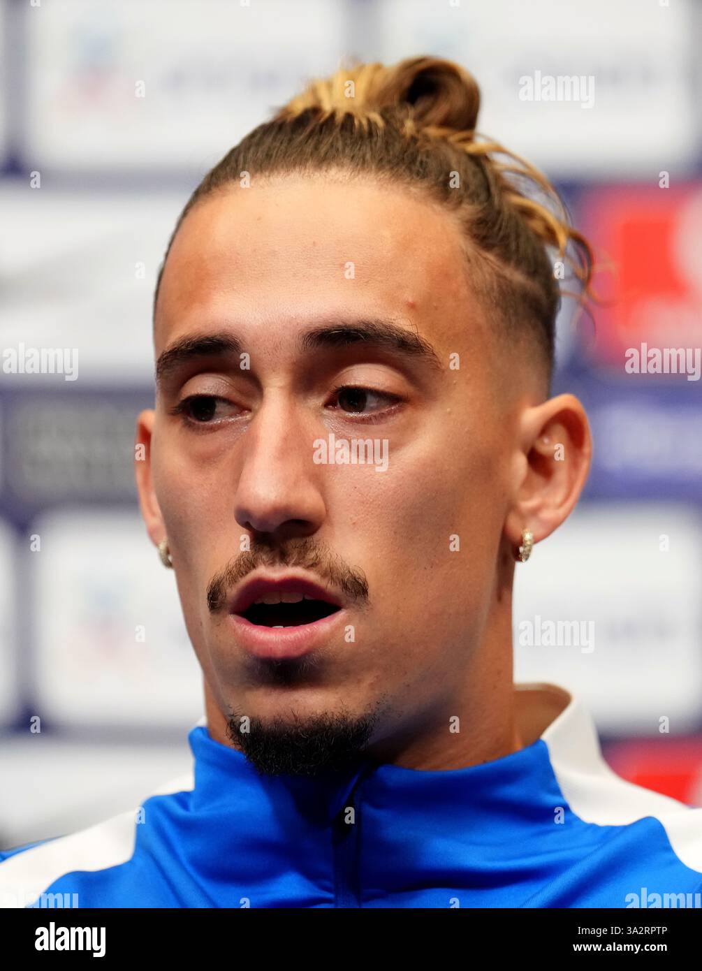 Greece's Kostas Tsimikas during a press conference at Wembley Stadium ...