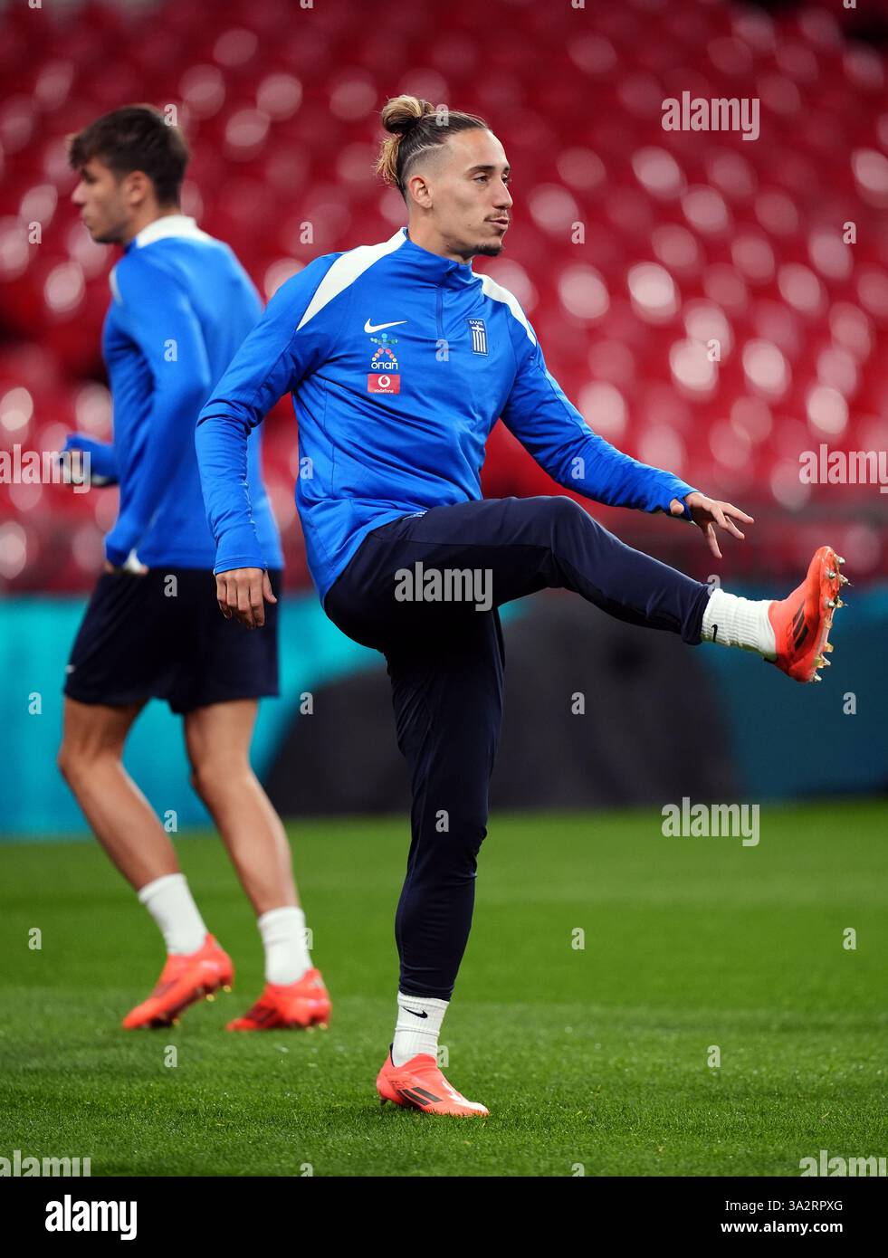 Greece's Kostas Tsimikas during a training session at Wembley Stadium ...