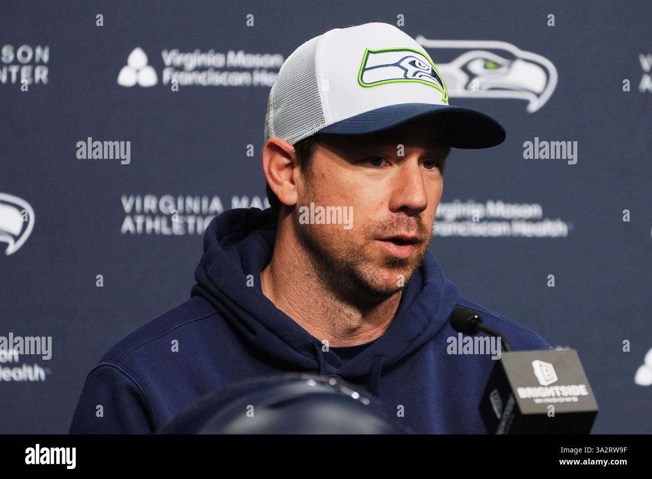 Seattle Seahawks offensive coordinator Klint Kubiak speaks during an ...