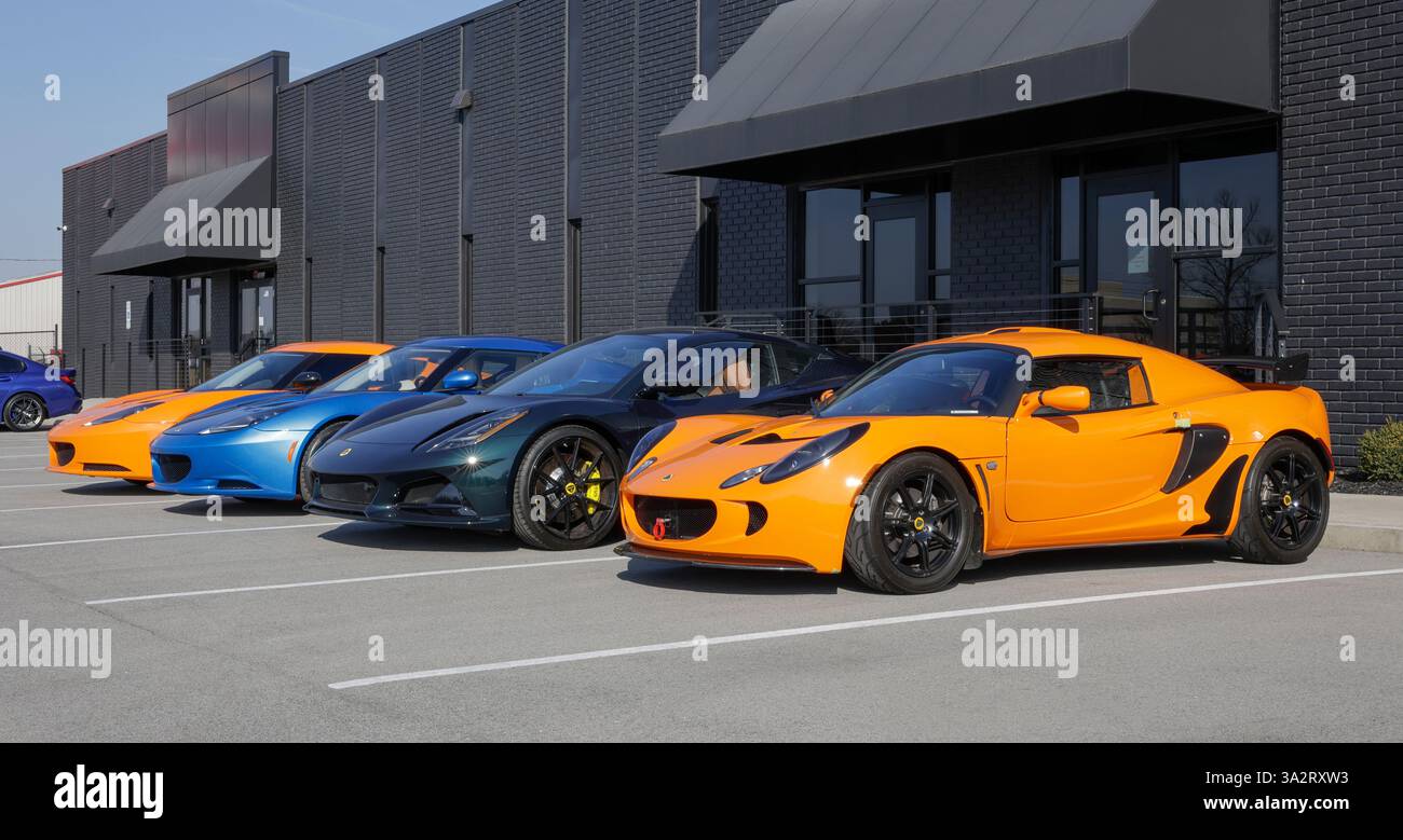 Indianapolis - March 12, 2025: Lotus Cars sportscar display at a ...