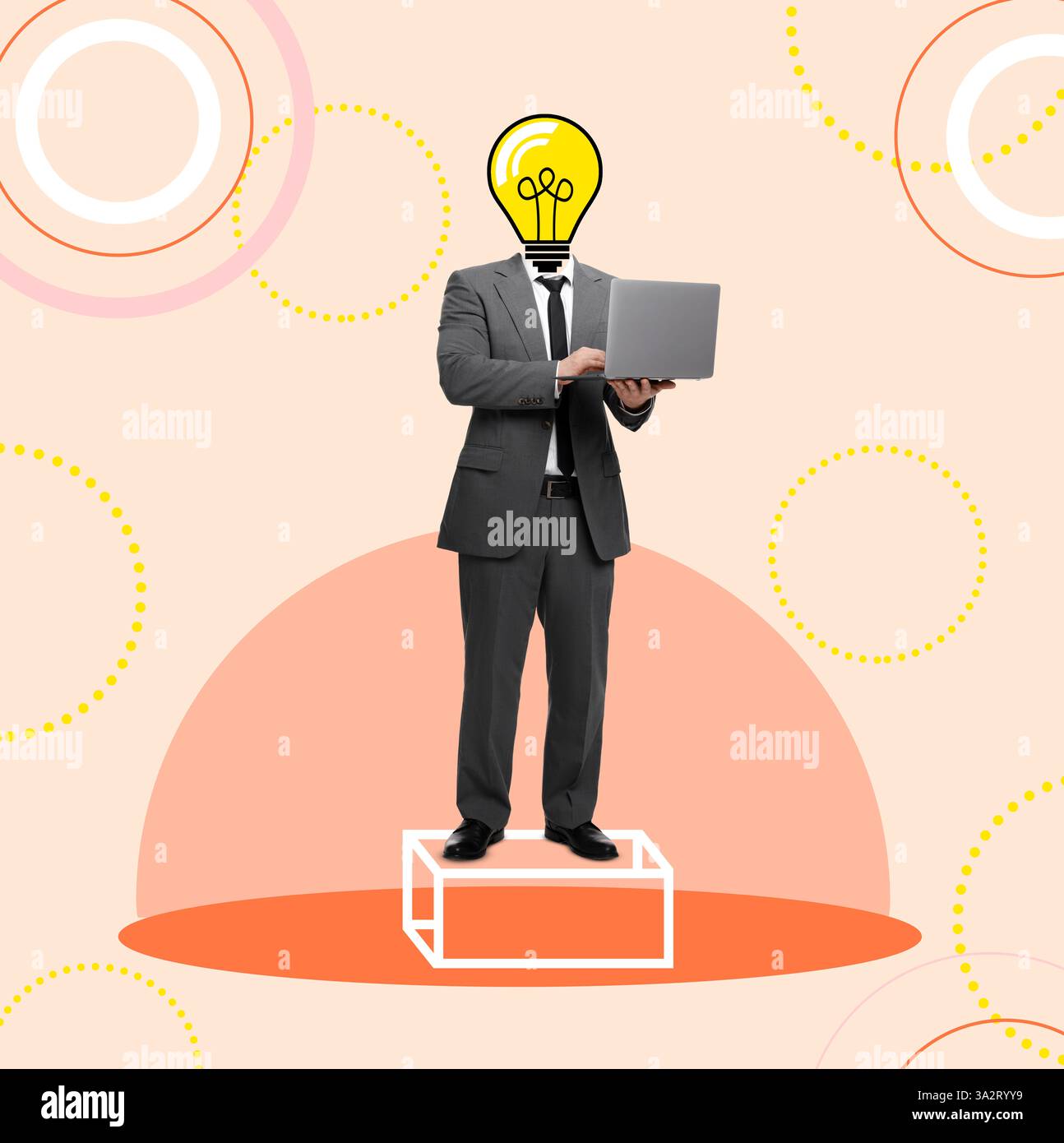 Creative art collage. Man with light bulb instead of head using laptop ...
