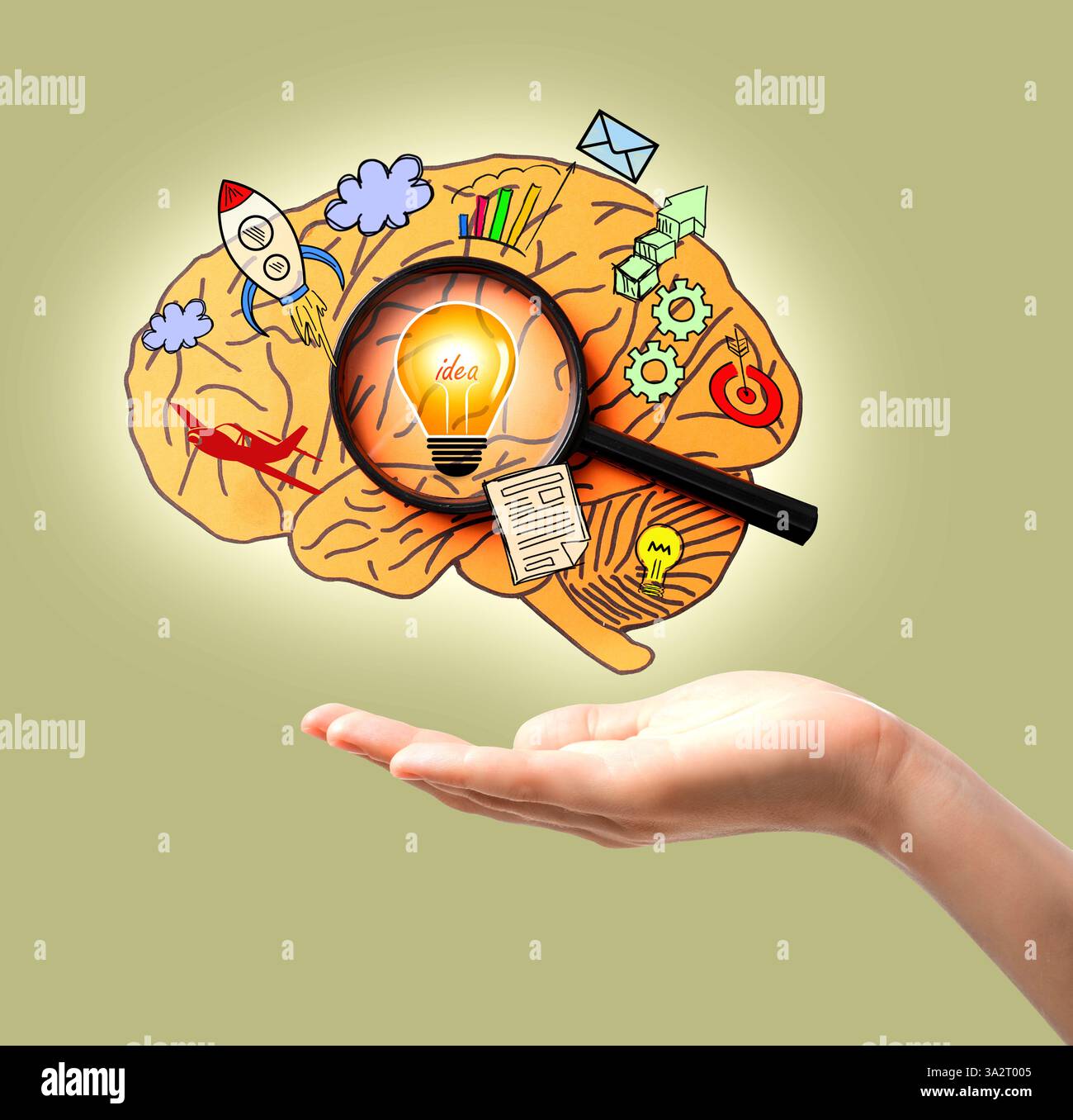 Creative art collage. Woman with magnifying glass, brain image and ...