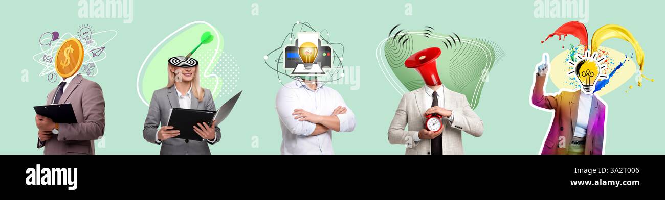 Creative collage. Business people and different elements combined into ...