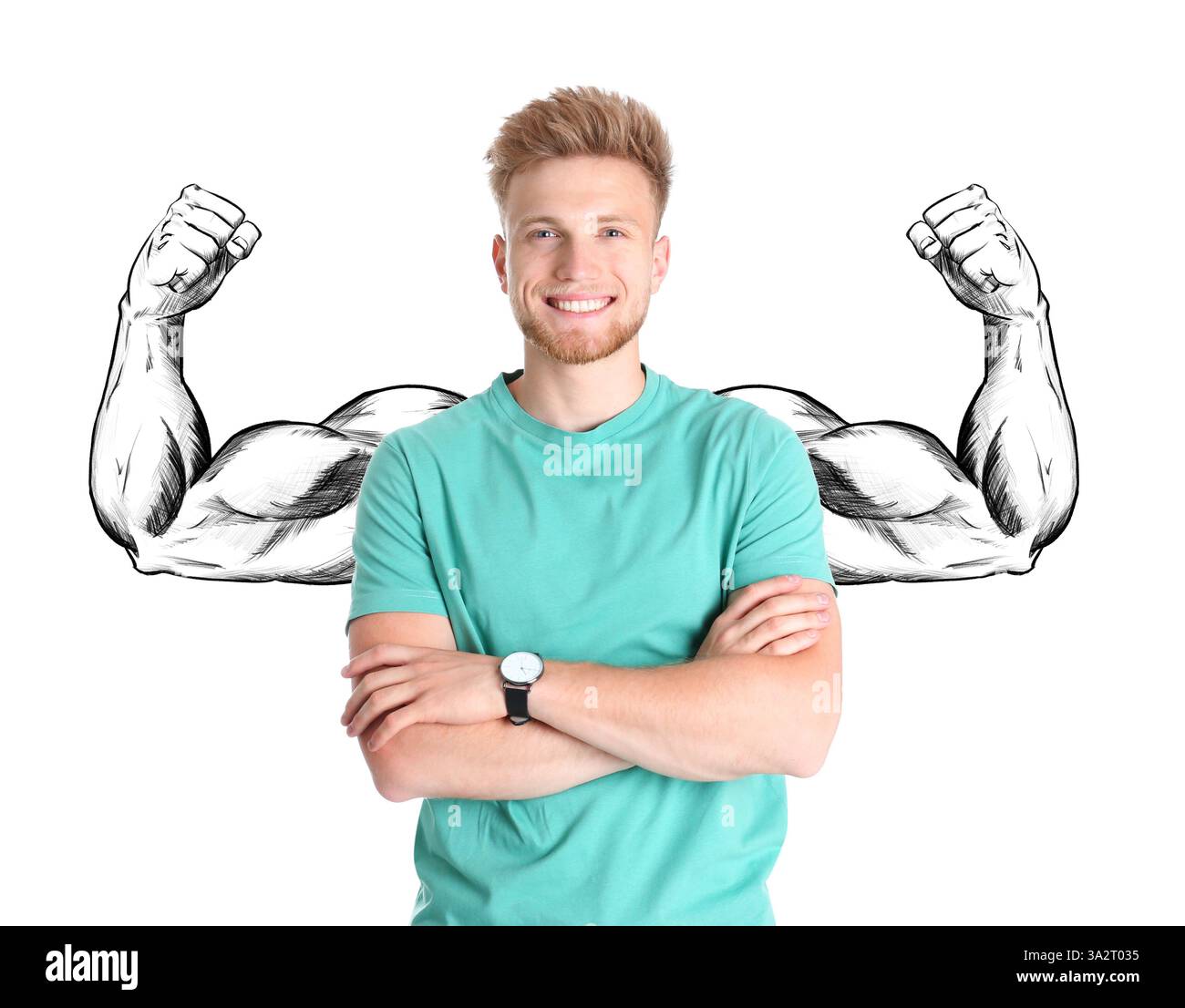 Confident man with drawing of strong arms behind him on white ...