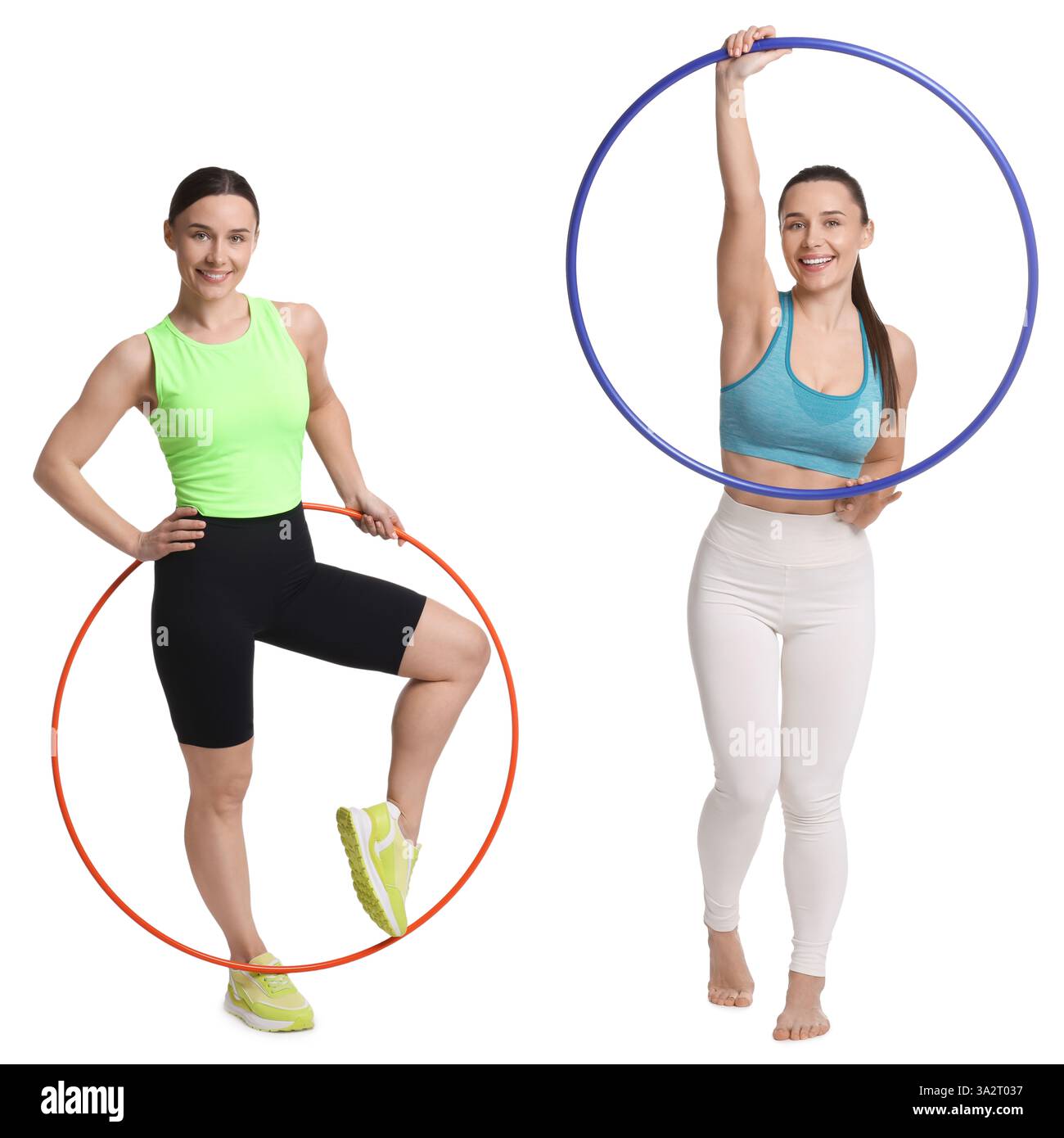 Beautiful young woman with hula hoops on white background, collage ...