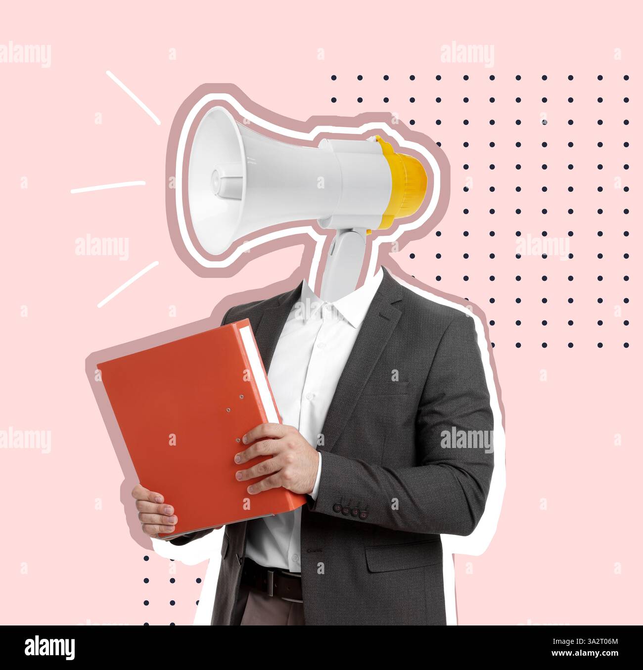 Creative art collage. Man with electronic megaphone instead of head and ...