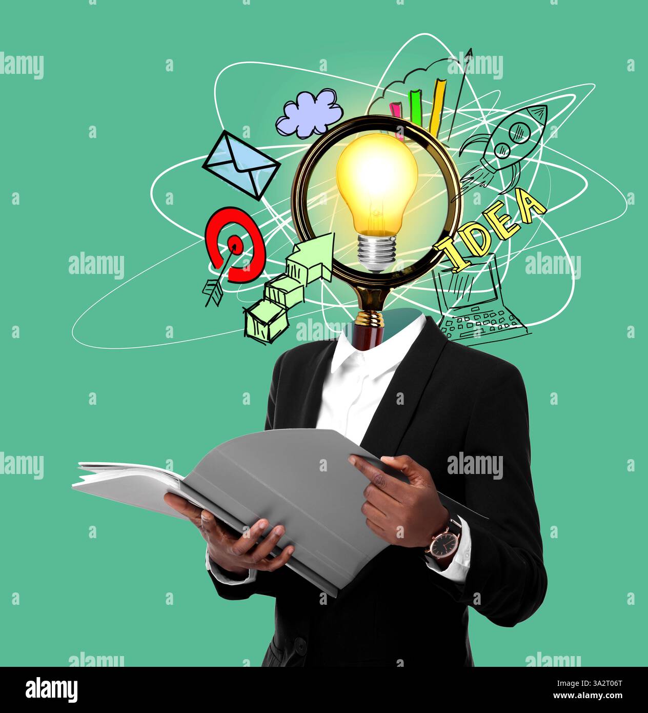 Creative art collage. Man with light bulb, magnifying glass and ...