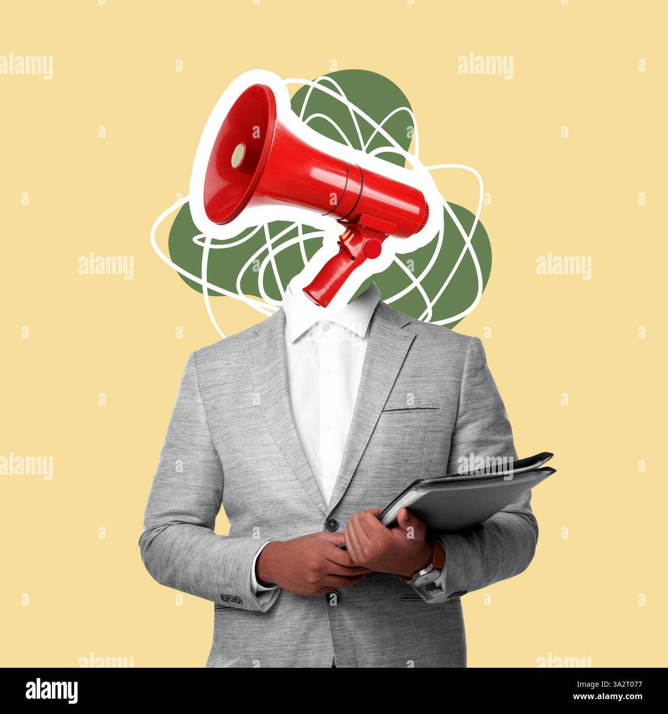 Creative artwork. Man with red electronic megaphone instead of head and ...