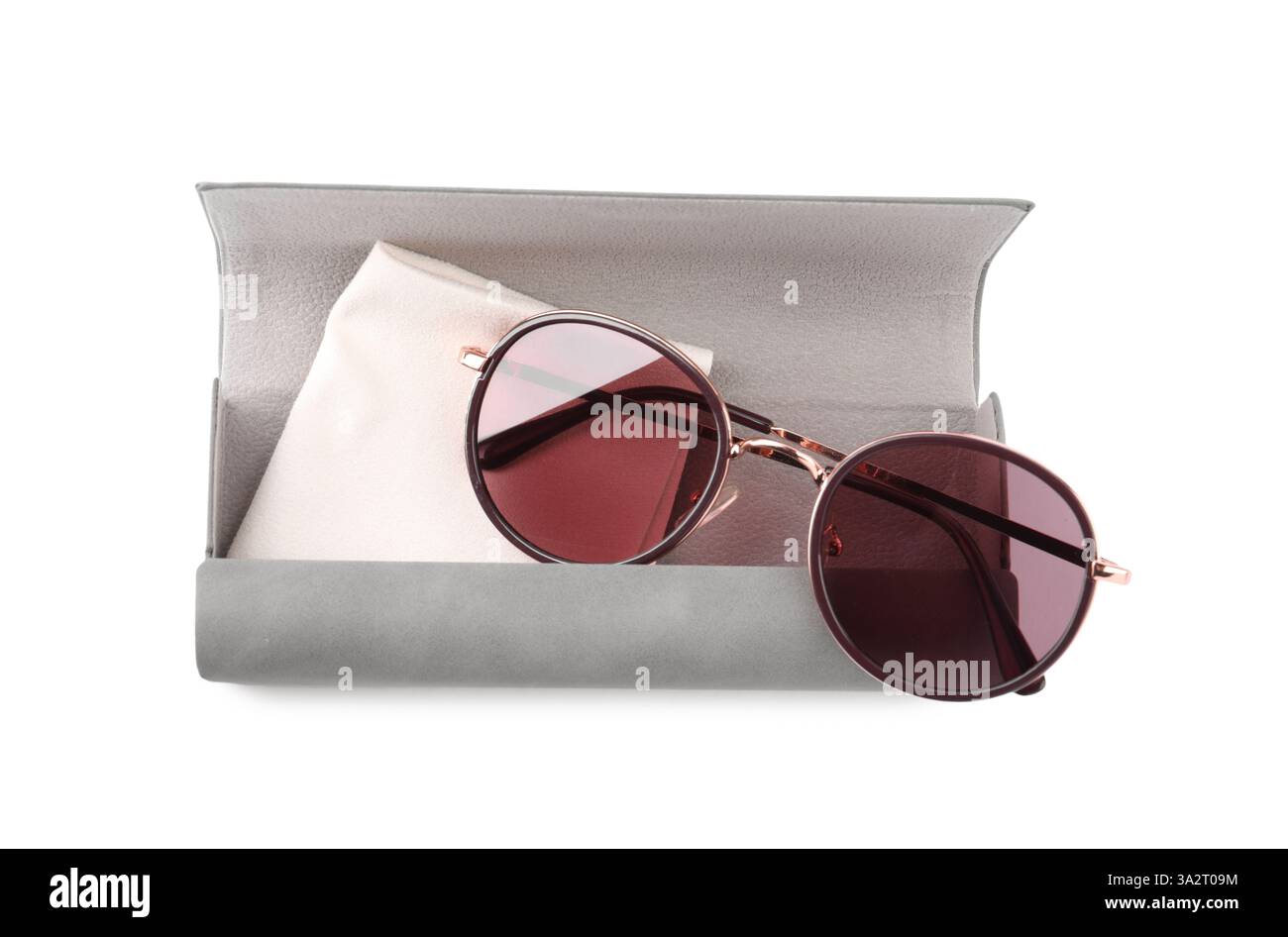 One grey case with sunglasses and lens cloth isolated on white, top ...