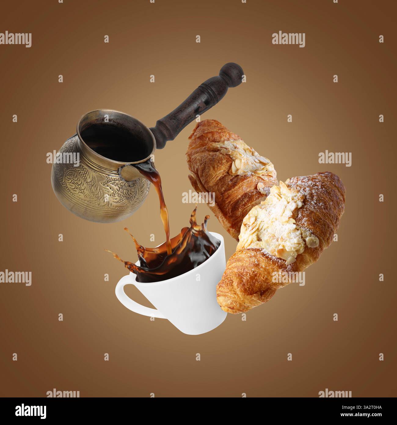 Tasty croissants and freshly brewed coffee. Puff pastry, cezve and cup ...