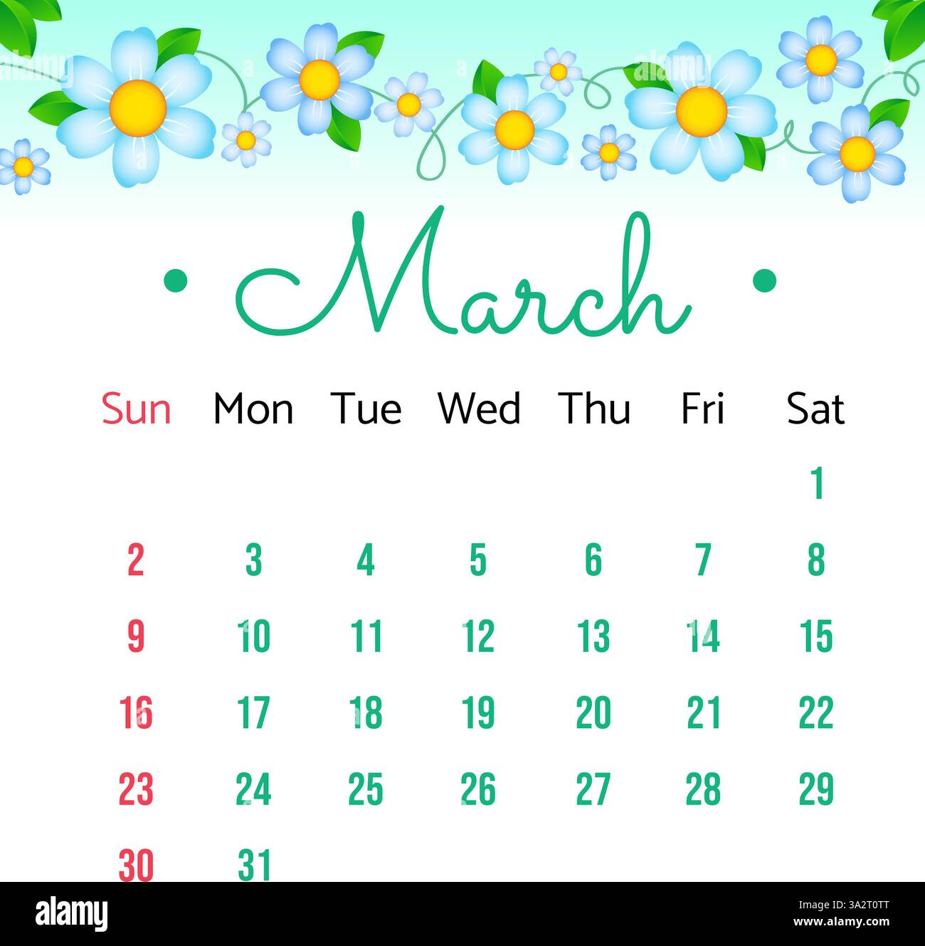 Calendar Page for March 2025 with cute spring flowers and leaves. Week ...