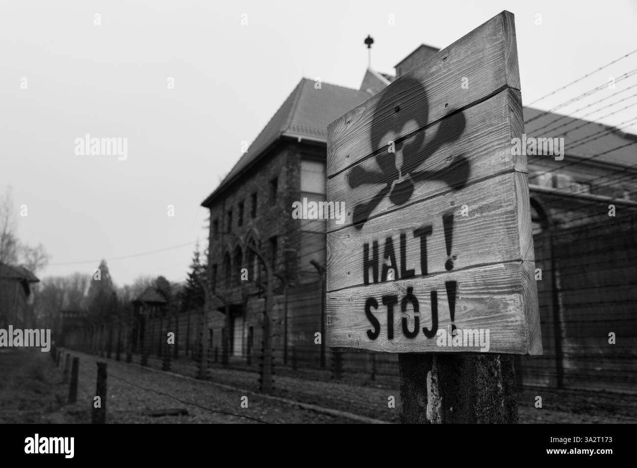 Oswiecim, Poland — November 23, 2018: Wooden stop sign in german and ...