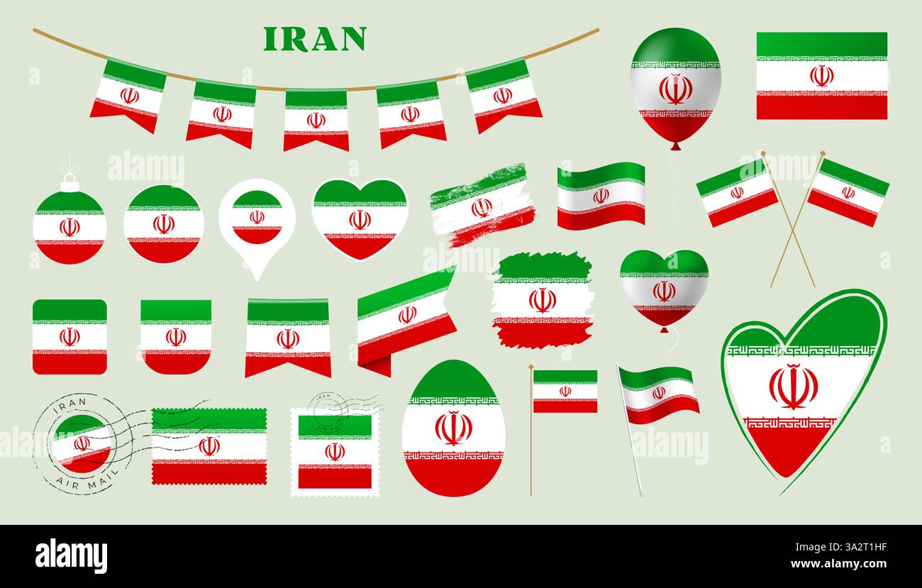 iran flag set. Various National flag collection with different shapes ...
