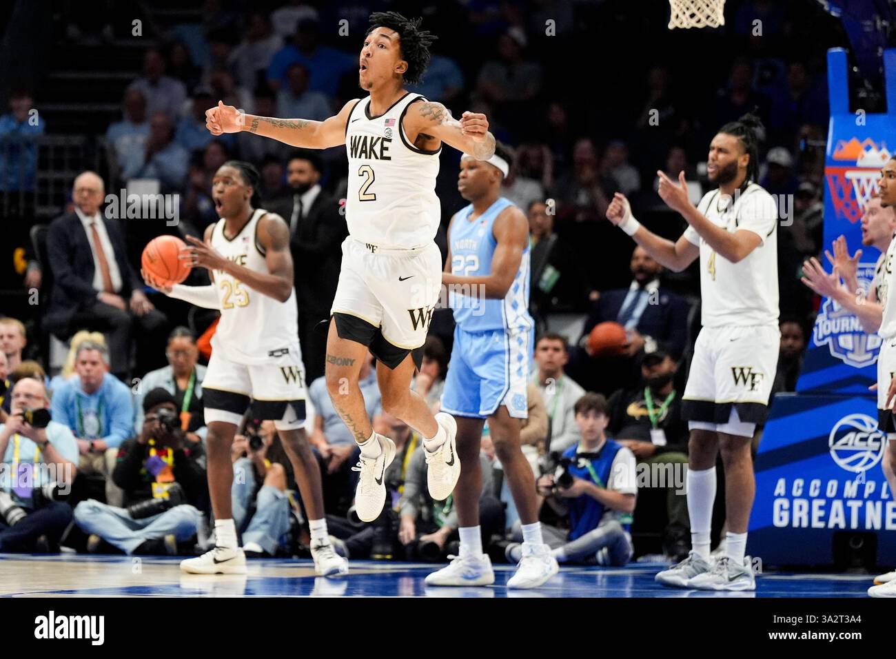 Wake Forest guard Juke Harris reacts after fouling out against North ...