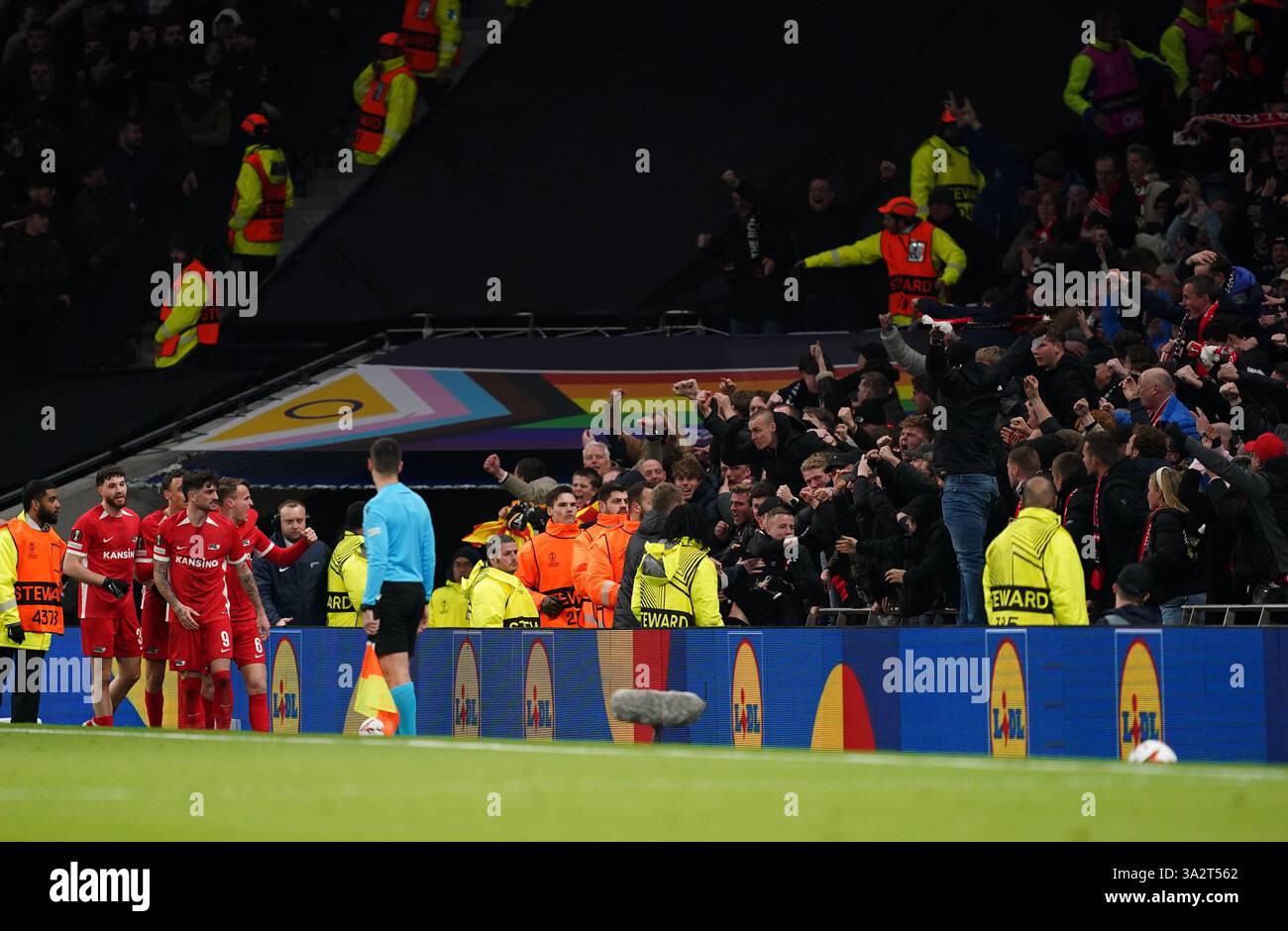 AZ Alkmaar's Peer Koopmeiners (right) celebrates with team-mates in ...