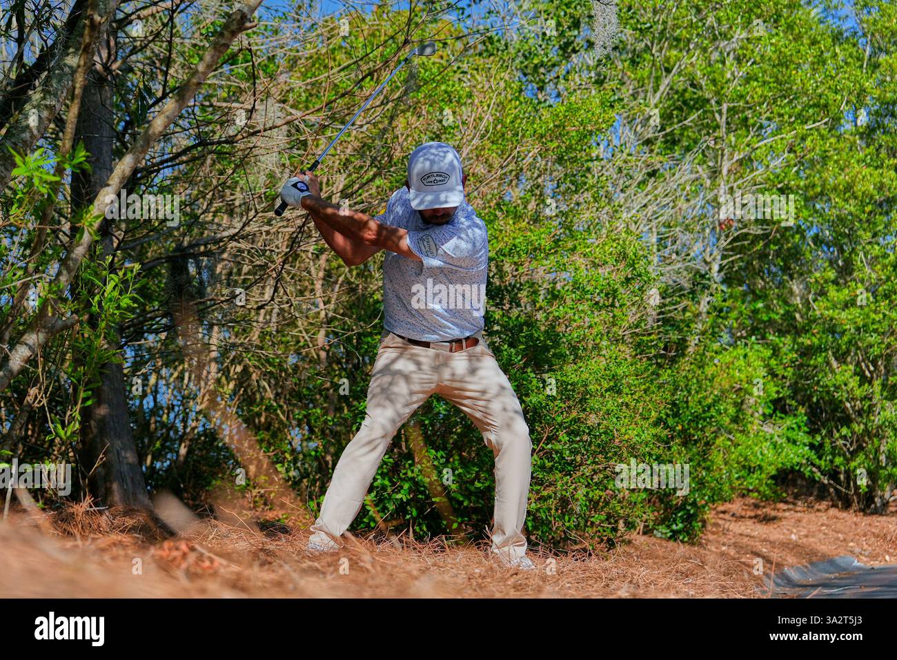 Chandler Phillips hits from the pine needles on the fifth hole during ...