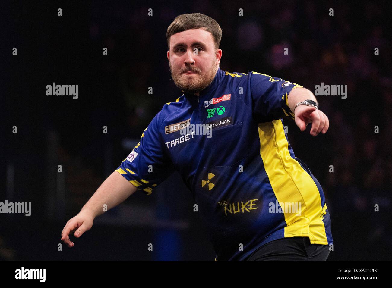 Nottingham, UK. 13th Mar, 2025. Luke Littler celebrates winning a leg ...