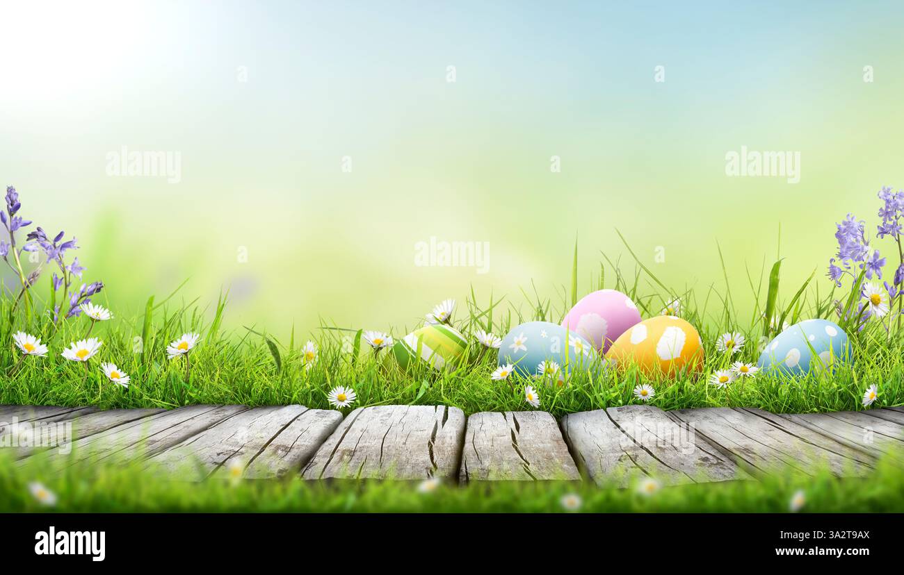 Five painted easter eggs celebrating a Happy Easter on a spring day ...