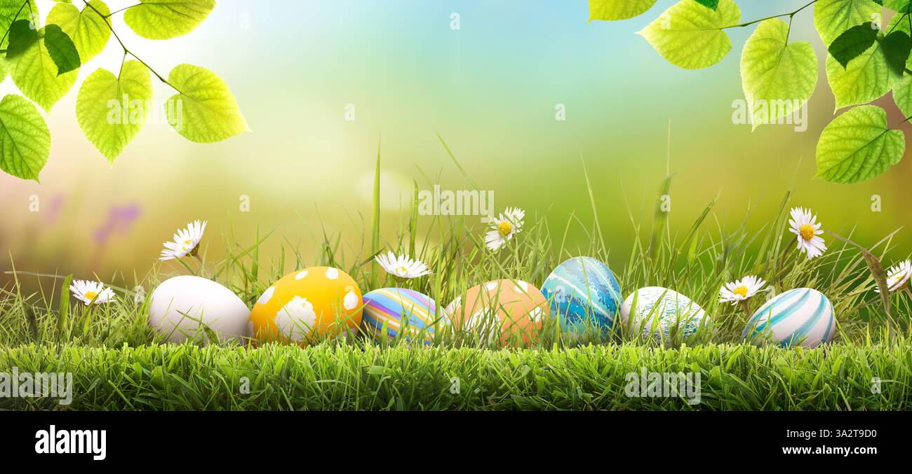 Seven painted easter eggs celebrating a Happy Easter on a spring day ...