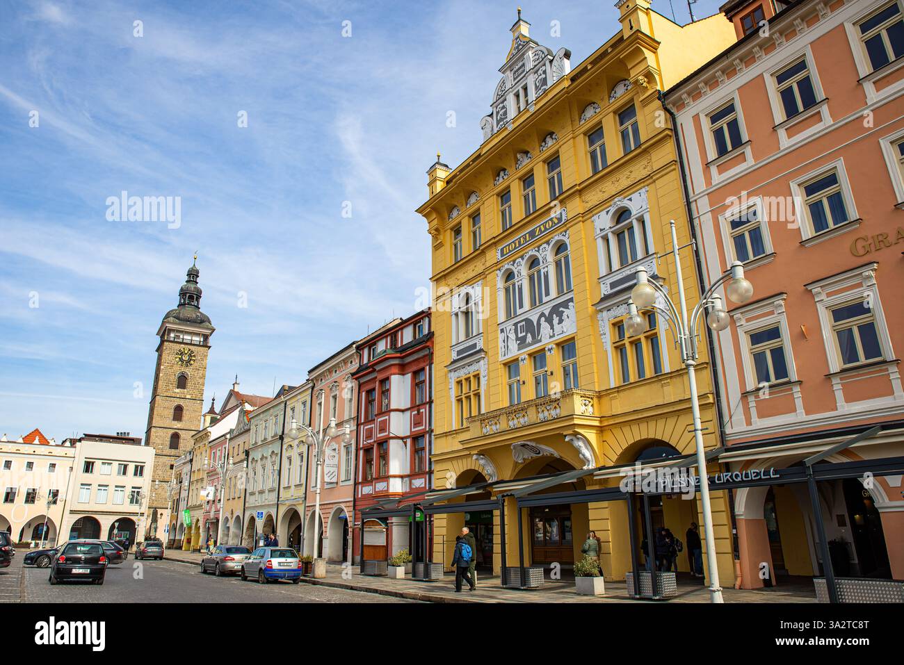 Ceske Budejovice, Czech republic - March 04, 2025. Hotel Zvon and other ...