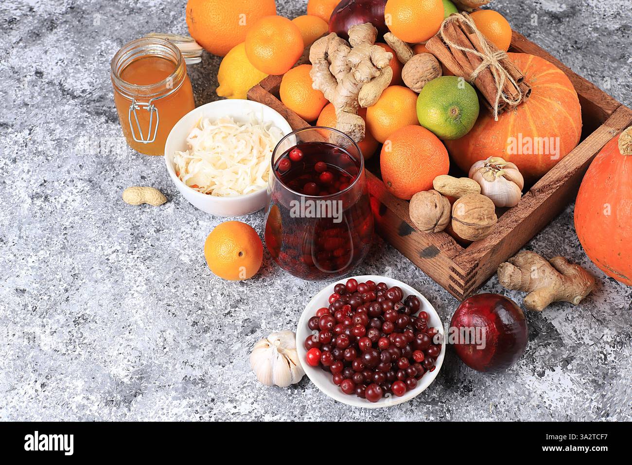 Healthy natural food for the flu and colds. Selection of fresh fruits ...