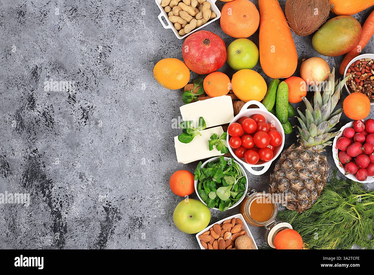 Healthy balanced food with dietary ingredients, vegetables, fruits ...