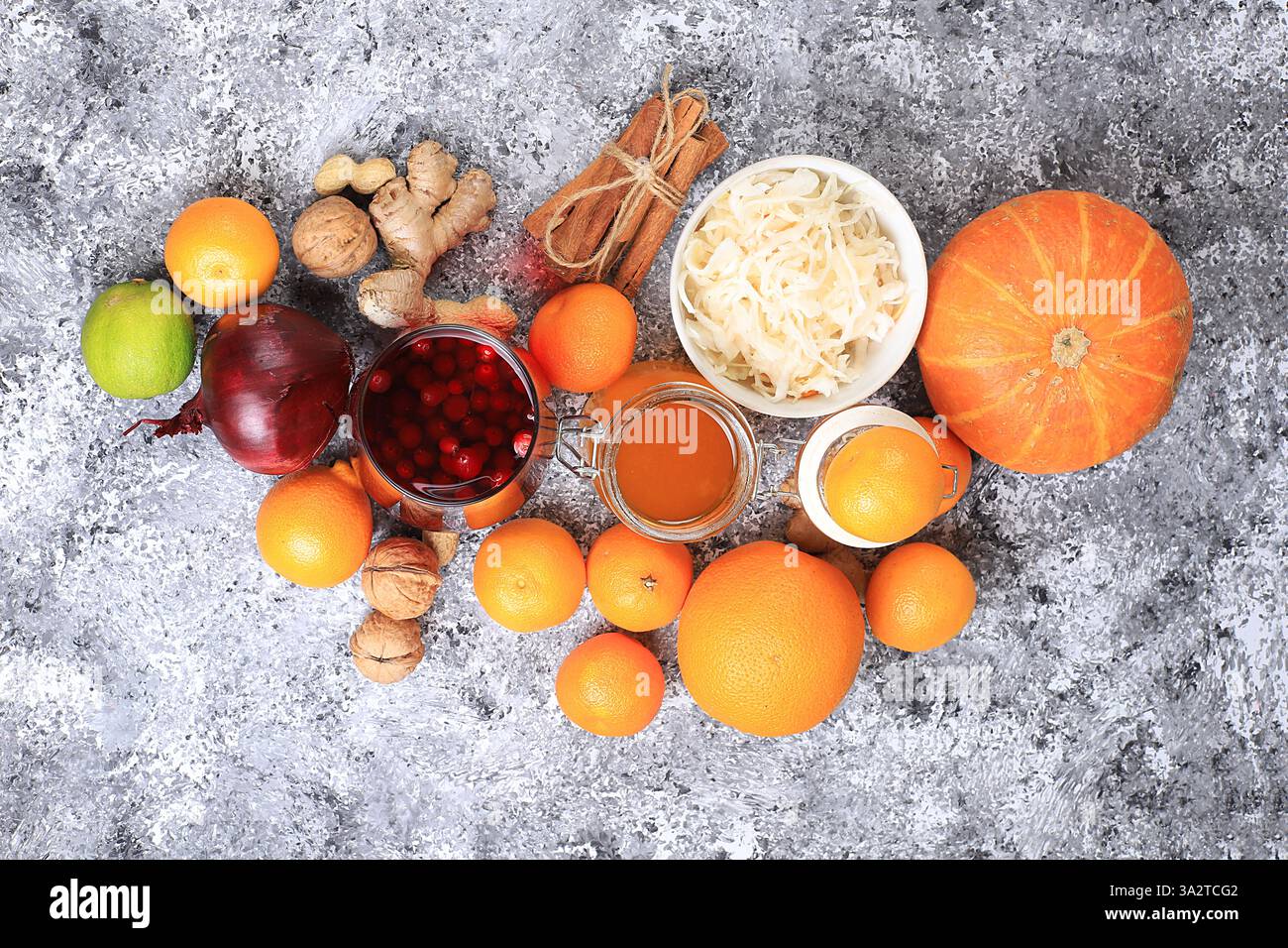 Healthy natural food for the flu and colds. A selection of fresh fruits ...