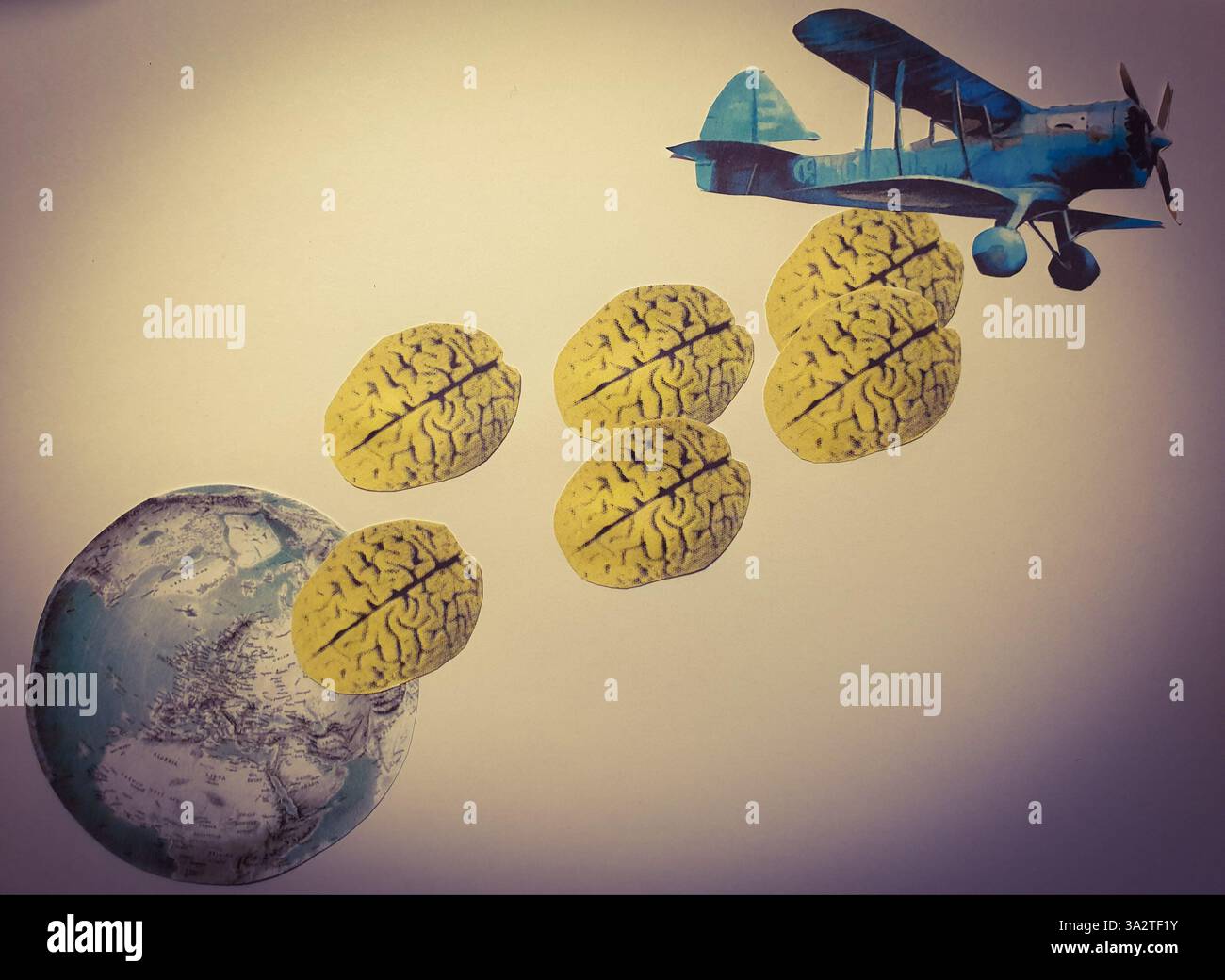Conceptual collage art of a blue plane dropping brains onto planet ...