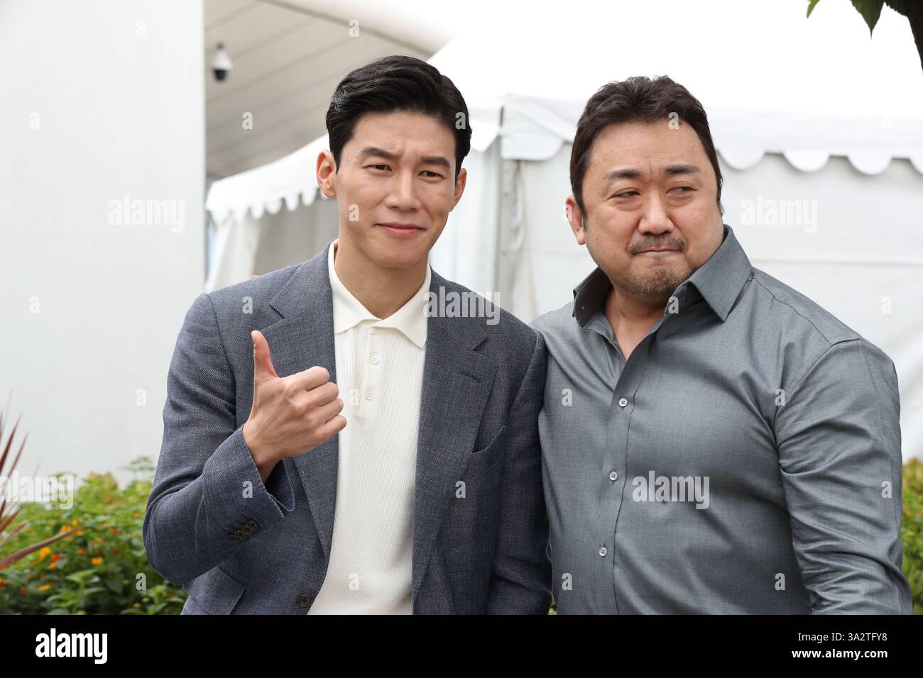 Kim Moo-Yul and Ma Dong-Seok attending the photocall for "The Gangster, The Cop, The Devil ...