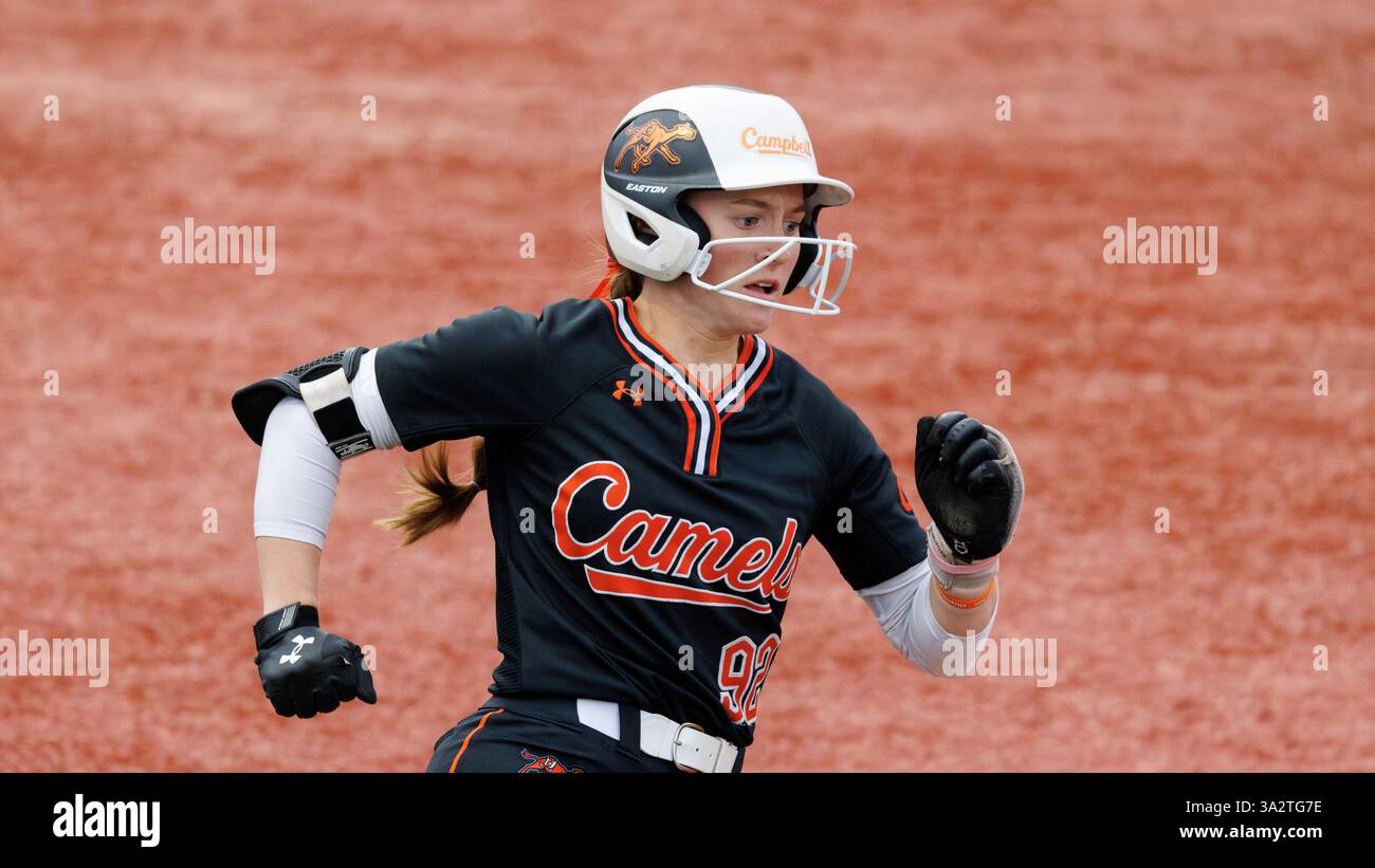 Campbell's Charlie Montgomery (92) runs to first base during an NCAA ...