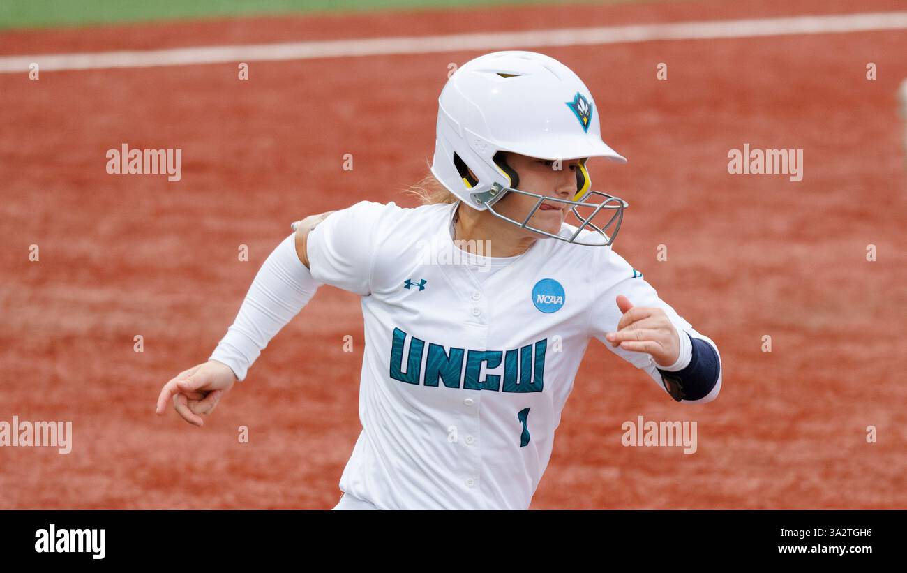 UNC Wilmington's Addi Yates (1) runs to first base during an NCAA ...