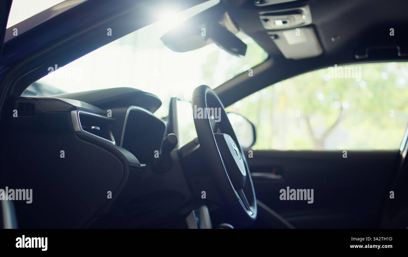 Close up of car interior gearbox gear shift, transmission control panel ...