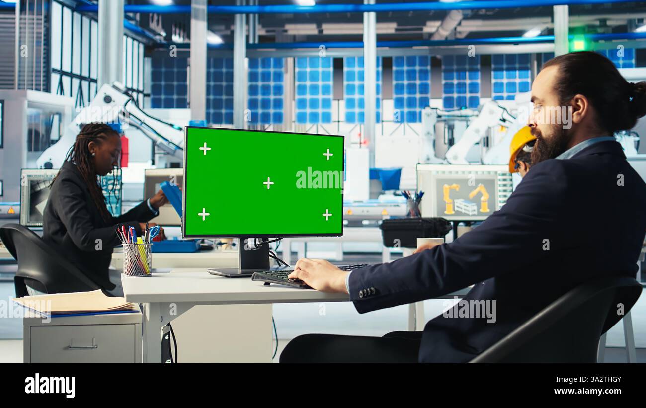 Photovoltaics factory engineer using chroma key PC improving solar ...