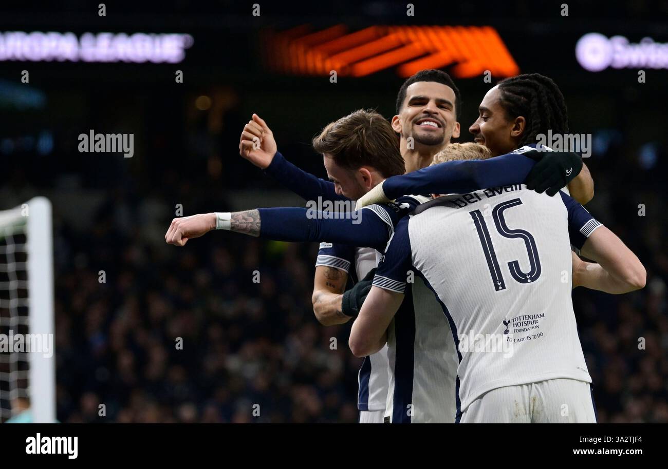London, UK. 13th Mar, 2025. GOAL. James Maddison (Spurs) celebrates ...