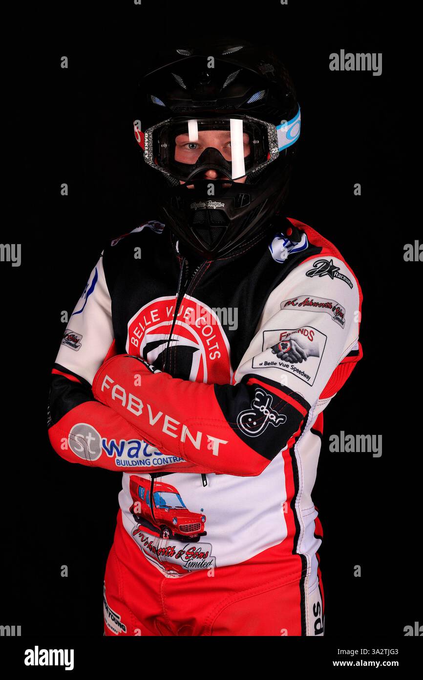 Manchester, UK. 12th Mar, 2025. Belle Vue Aces Press Day 2025 - Mason ...