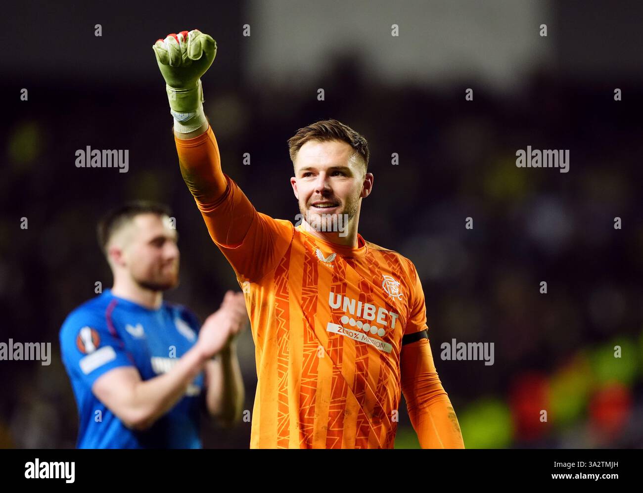 Rangers goalkeeper Jack Butland celebrates winning the penalty shoot ...