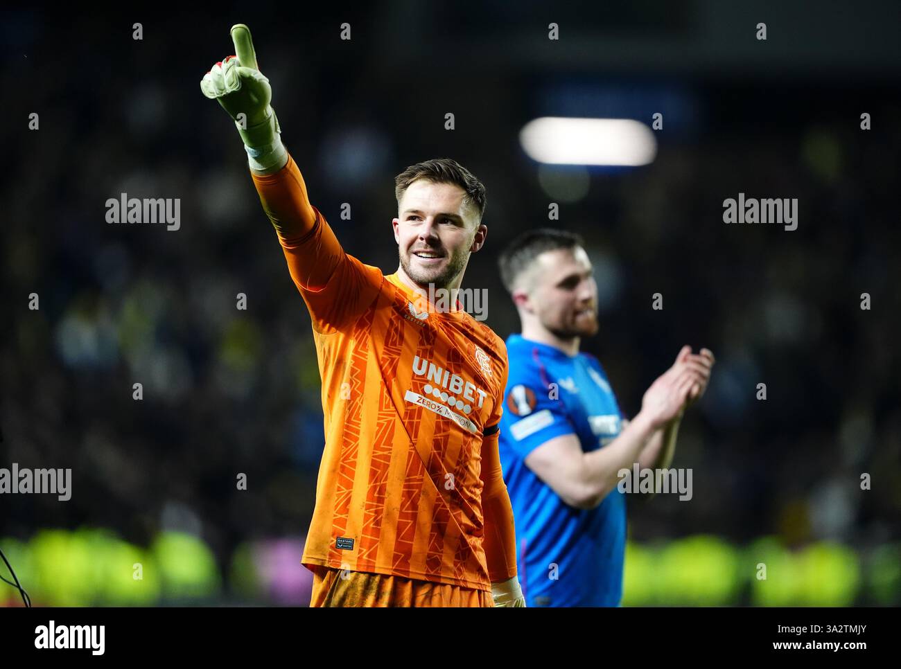 Rangers goalkeeper Jack Butland celebrates winning the penalty shoot ...