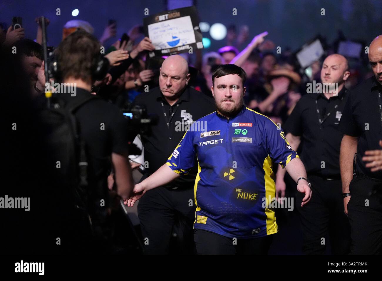 Luke Littler walks out during night six of the BetMGM Premier League at ...