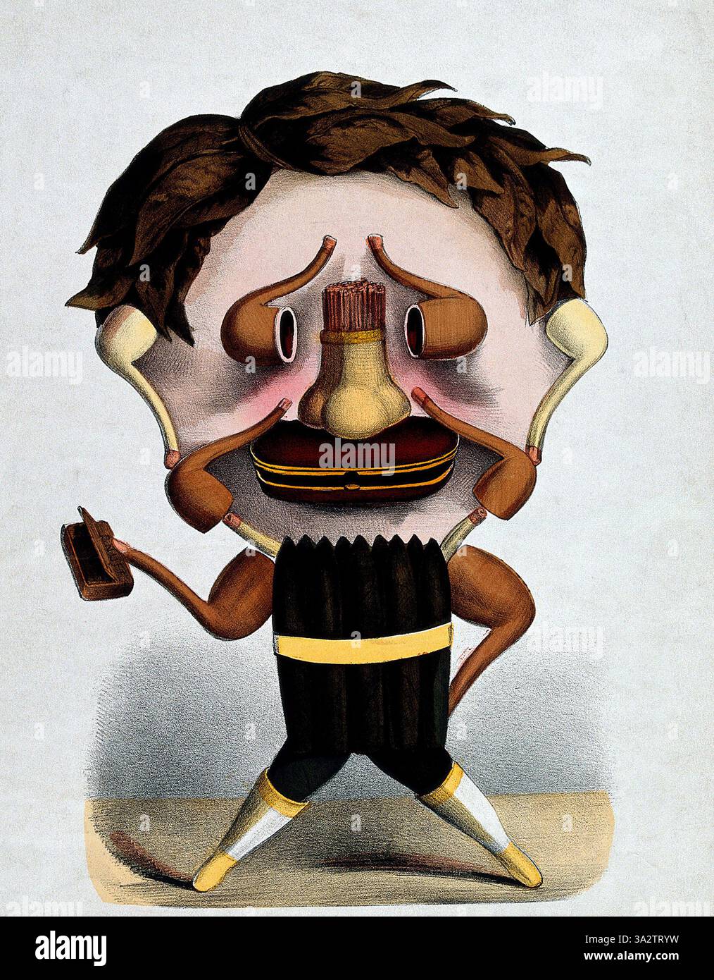 The figure of a man with extra large head made up from cigars, pipes ...