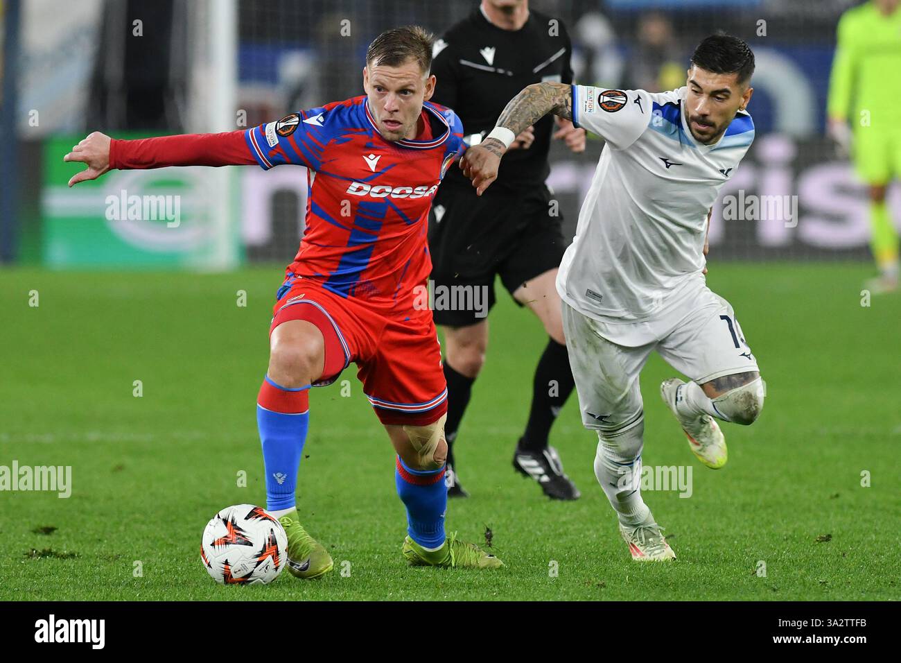 Rome, Lazio. 13th Mar, 2025. Lukas Cerv of Viktoria Plzen, Mattia ...