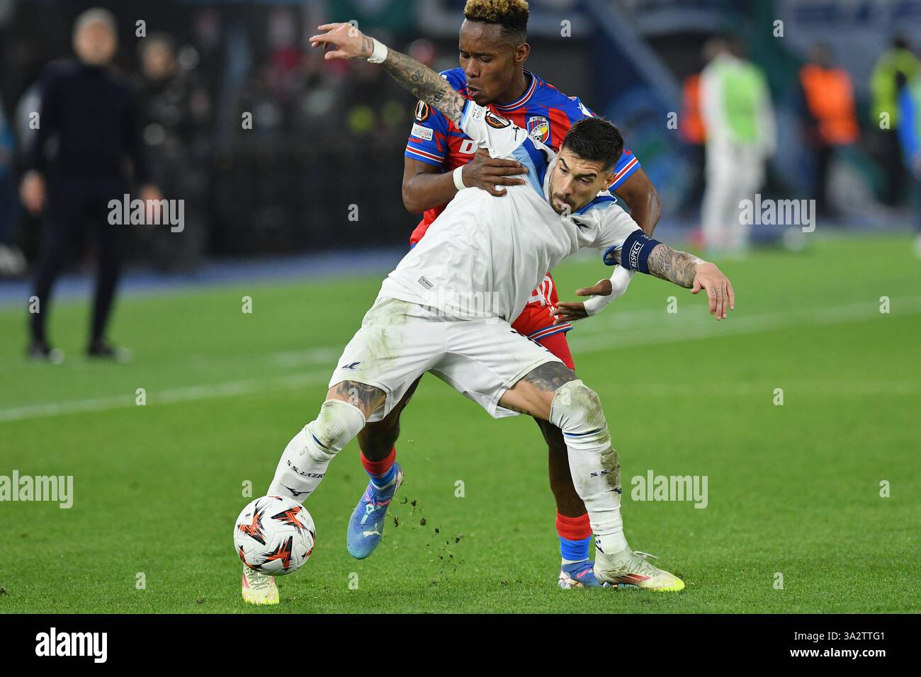 Rome, Lazio. 13th Mar, 2025. Sampson Dweh of Viktoria Plzen, Mattia ...