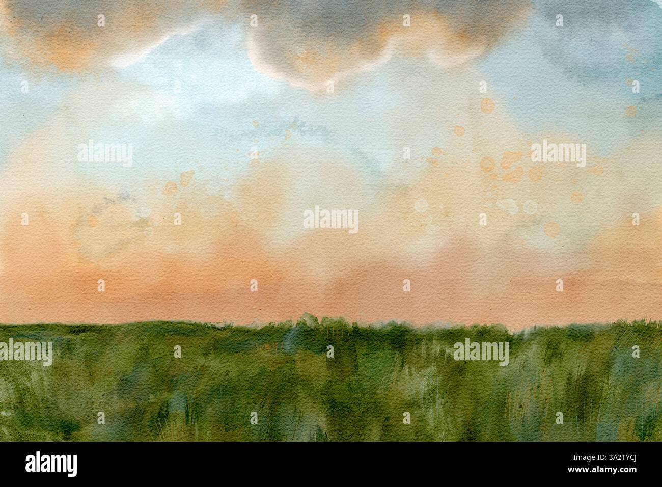 A beautifully serene watercolor landscape showcasing gentle clouds ...