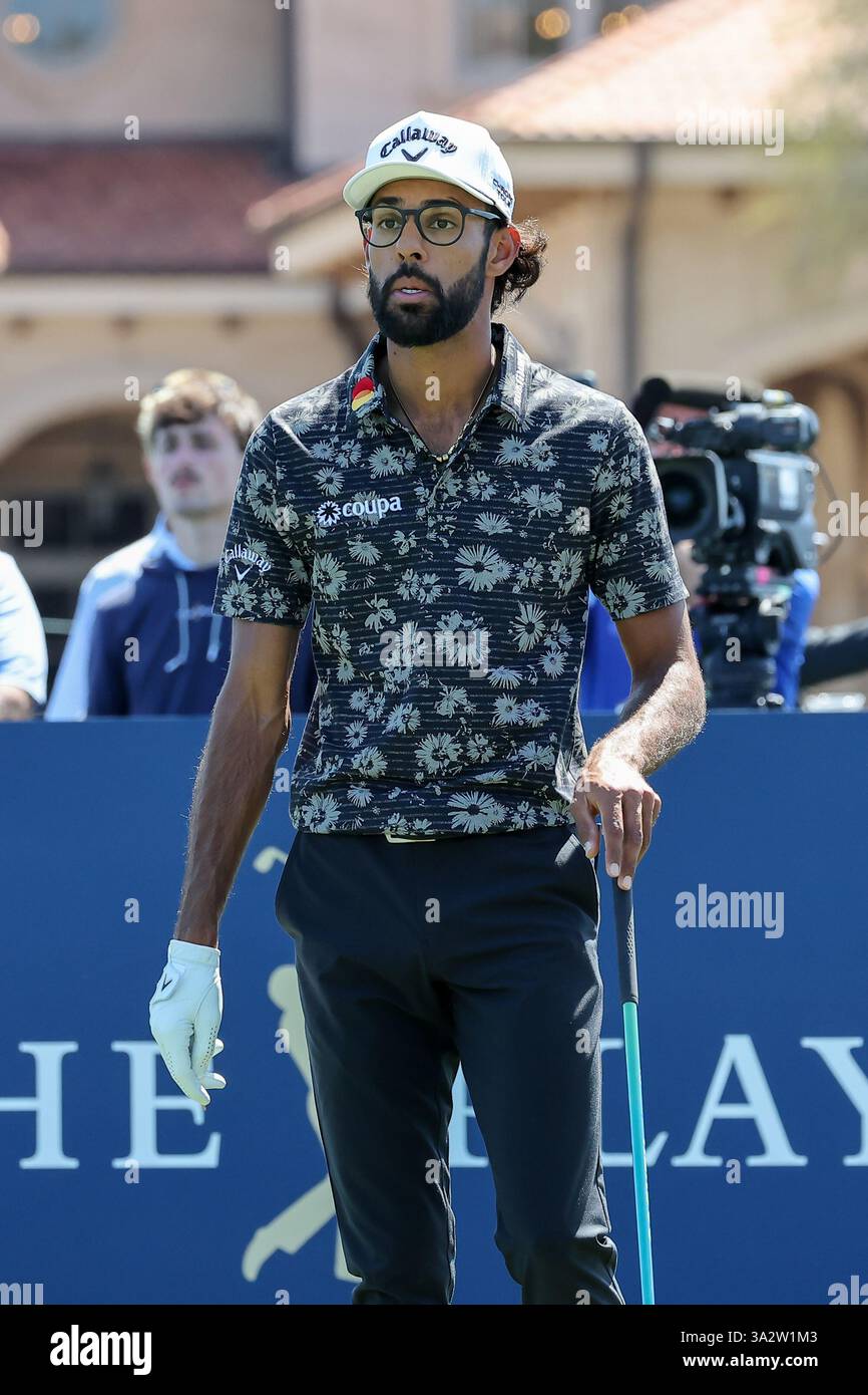 Ponte Vedra, FL, USA. 13th Mar, 2025. Akshay Bhatia on the 1st tee during the first round of THE ...