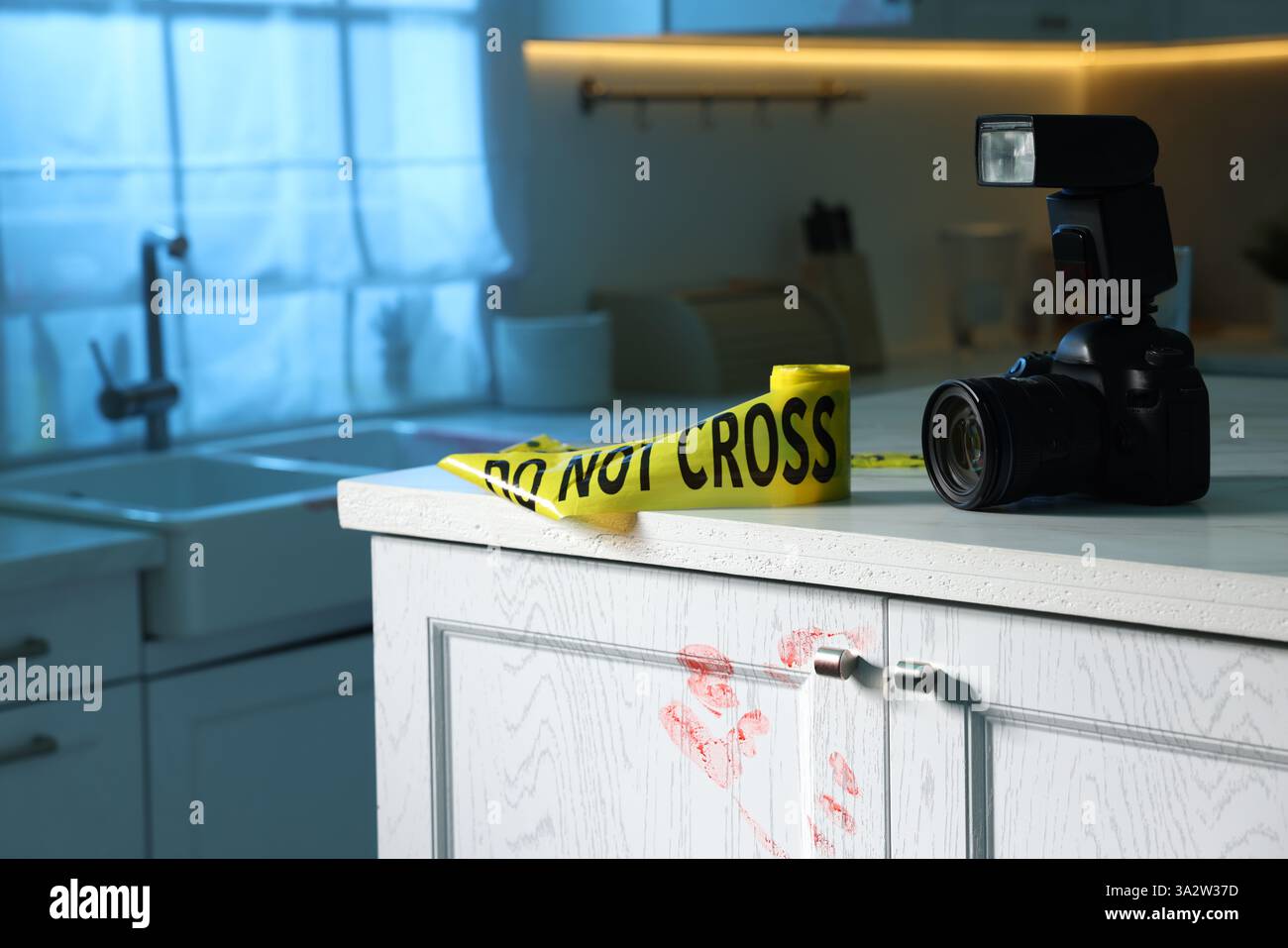 Camera, yellow crime scene tape and bloody handprint on chest of ...