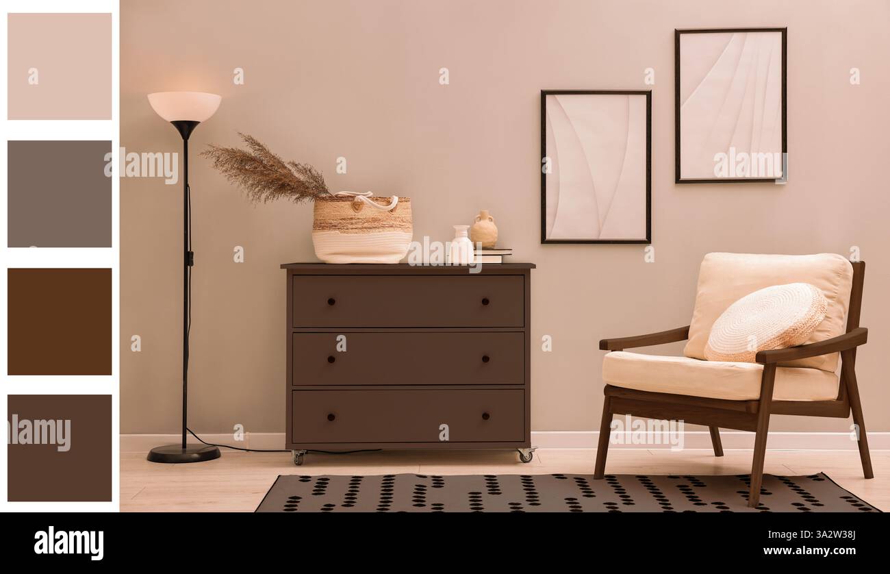 Dresser in mocha mousse shade and other furniture in room. Interior ...