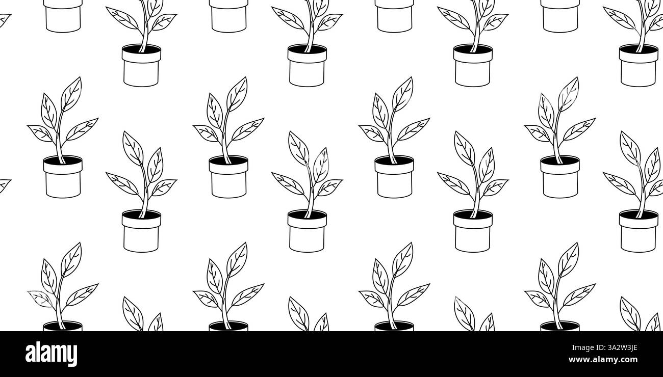 Pattern of line-drawn potted plants on a simple white background Stock ...