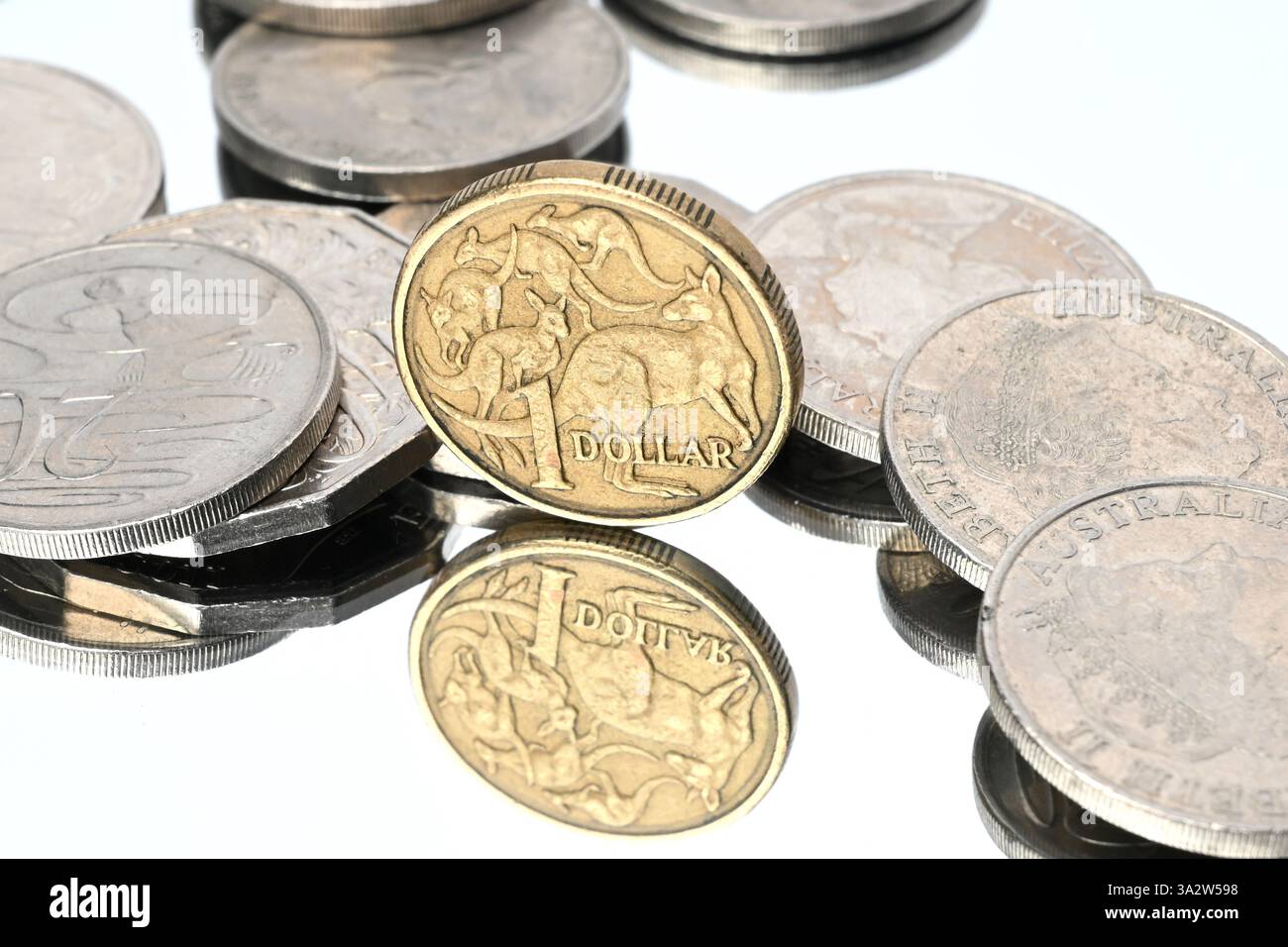 Coins, including a 1 Australian Dollar (AUD) coin is seen in Canberra ...